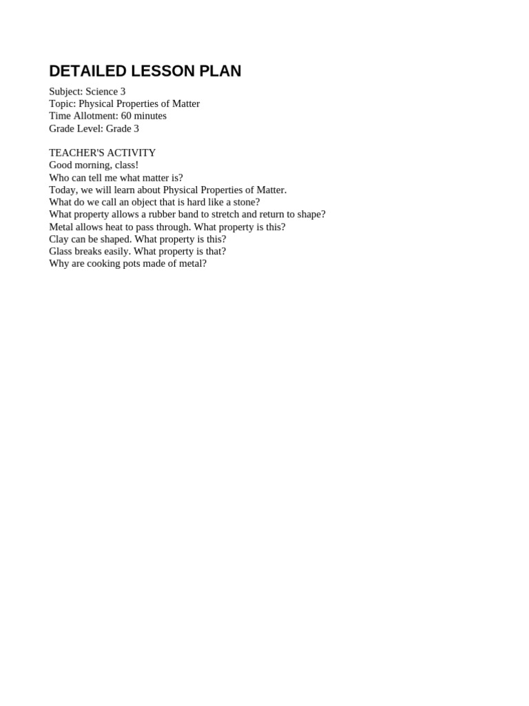 Grade 3 Detailed Lesson Plan Physical Properties | PDF