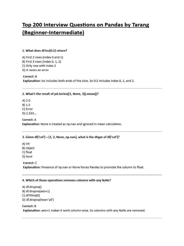 Top 200 Interview Questions On Pandas by Tarang | PDF | Computer ...