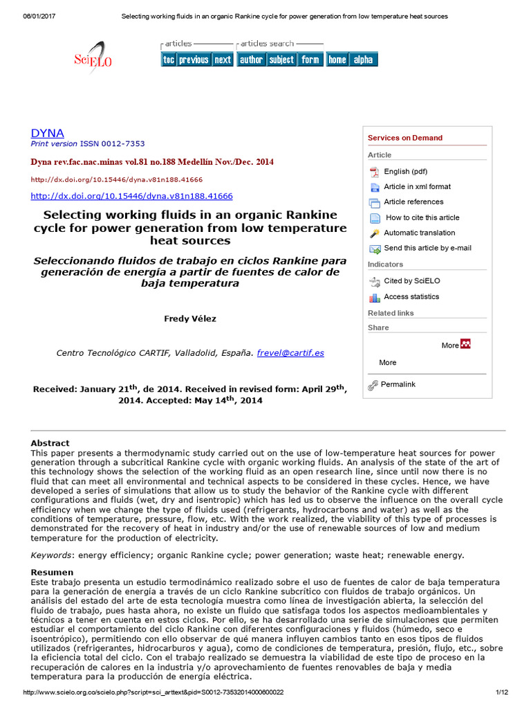 Selecting Working Fluids in an Organic Rankine Cycle for Power ...