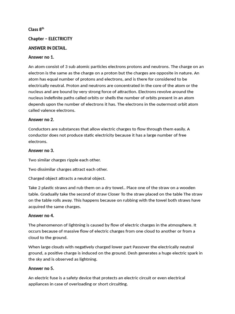 Class 8th Electricity Answers | PDF | Electric Charge | Atoms
