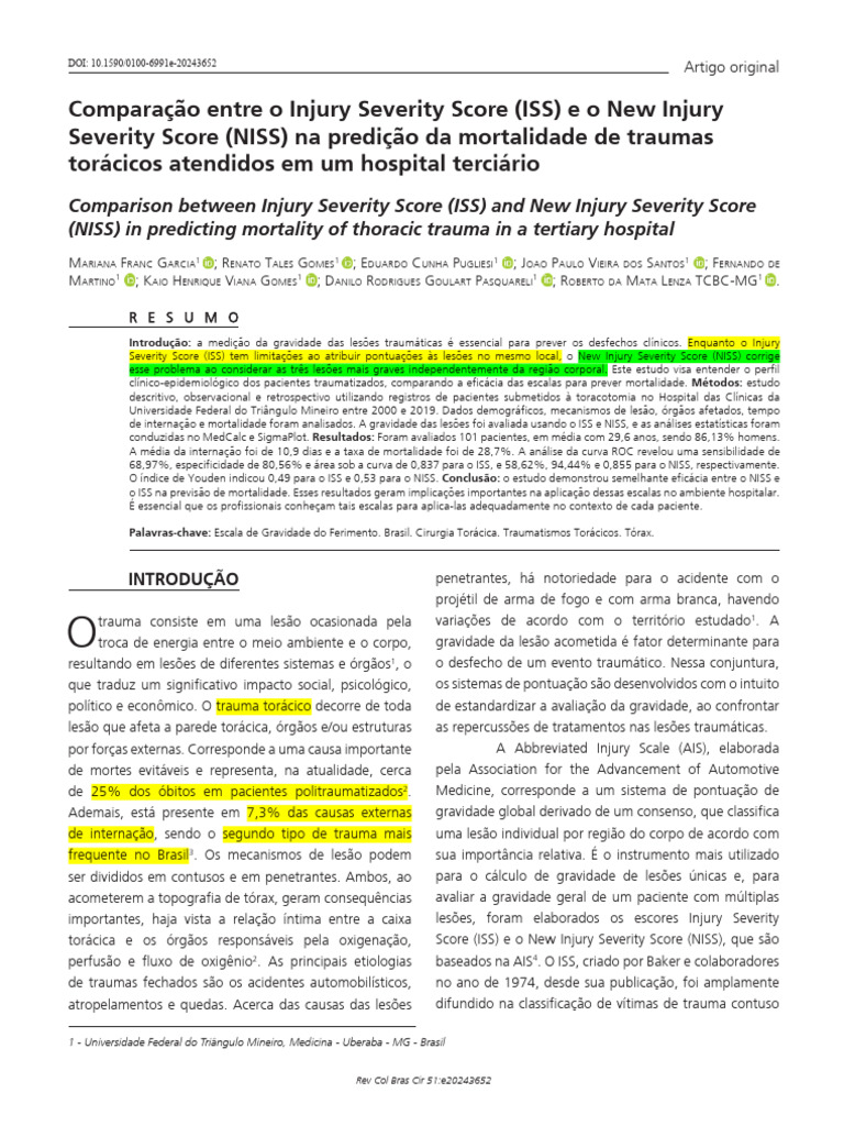 Comparação Entre o Injury Severity Score ISS e o New Injury Severity ...