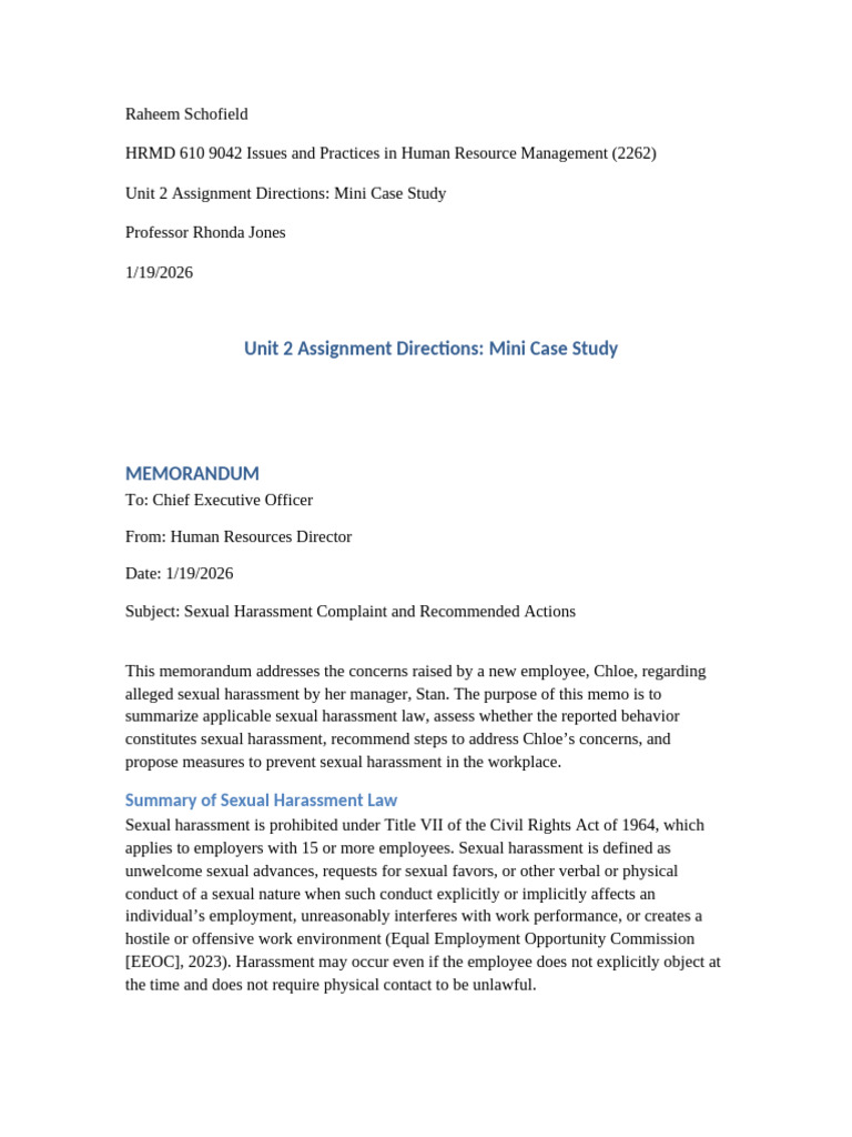 Unit_2_Mini_Case_Memo_Sexual_Harassment (1) | PDF | Sexual Harassment ...