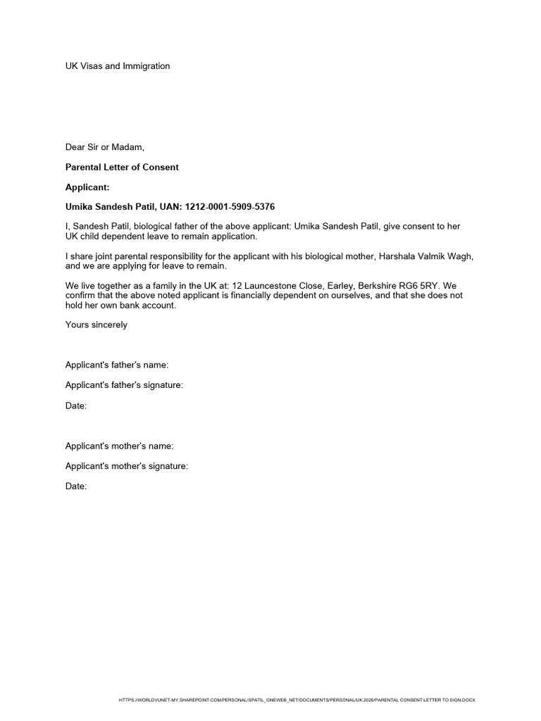 Parental Consent Letter To Sign | PDF