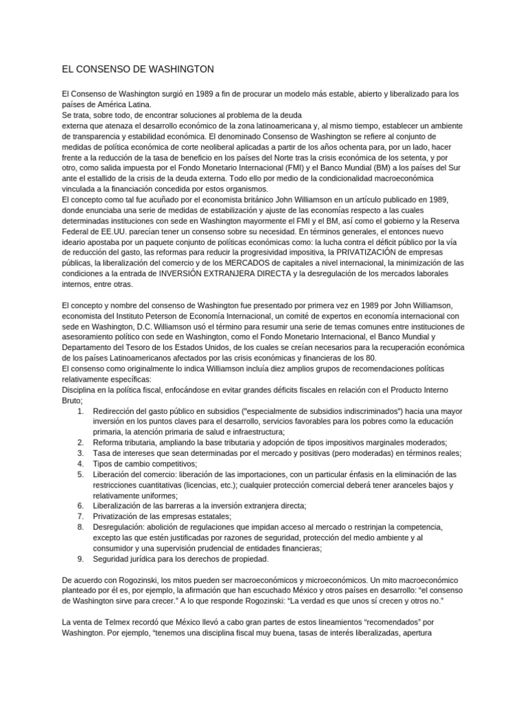 El Consenso de Washington | PDF | Consenso de Washington | Fondo ...