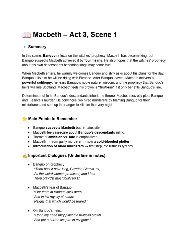 ? Macbeth - Act 3, Full Summary - Key Points | PDF | Macbeth ...