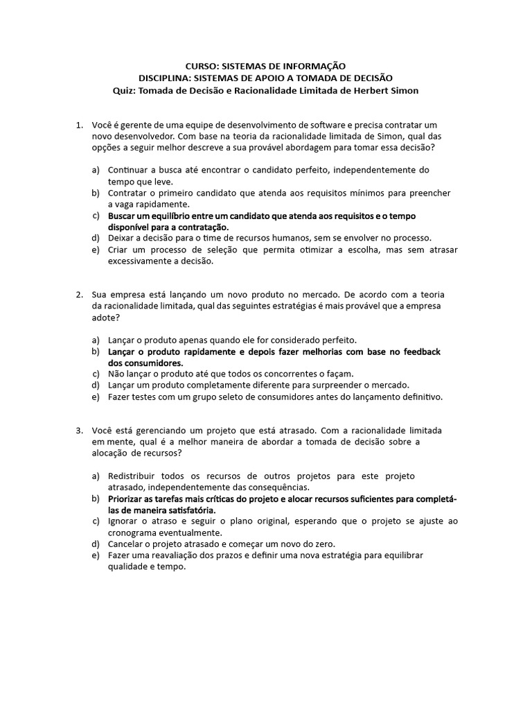 Quiz 01 - Teoria da Racionalidade Limitada | PDF | Racionalidade | Tomada de decisões
