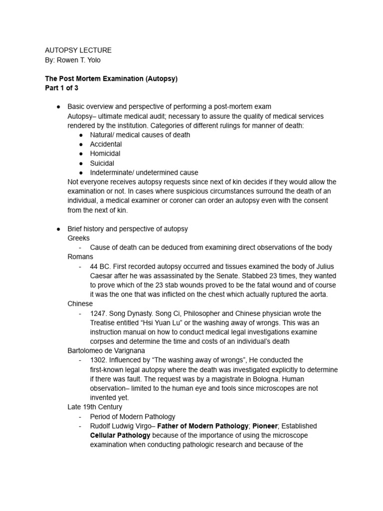 Autopsy Lecture | PDF | Autopsy | Pathology
