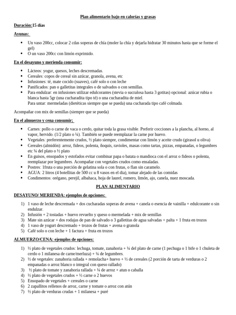 Plan Alimentario Bajo en Calorías y Grasas | PDF | Alimentos | Cocina