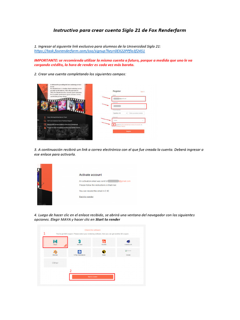 Instructivo Para Crear Cuenta Siglo 21 de Fox Renderfarm | PDF