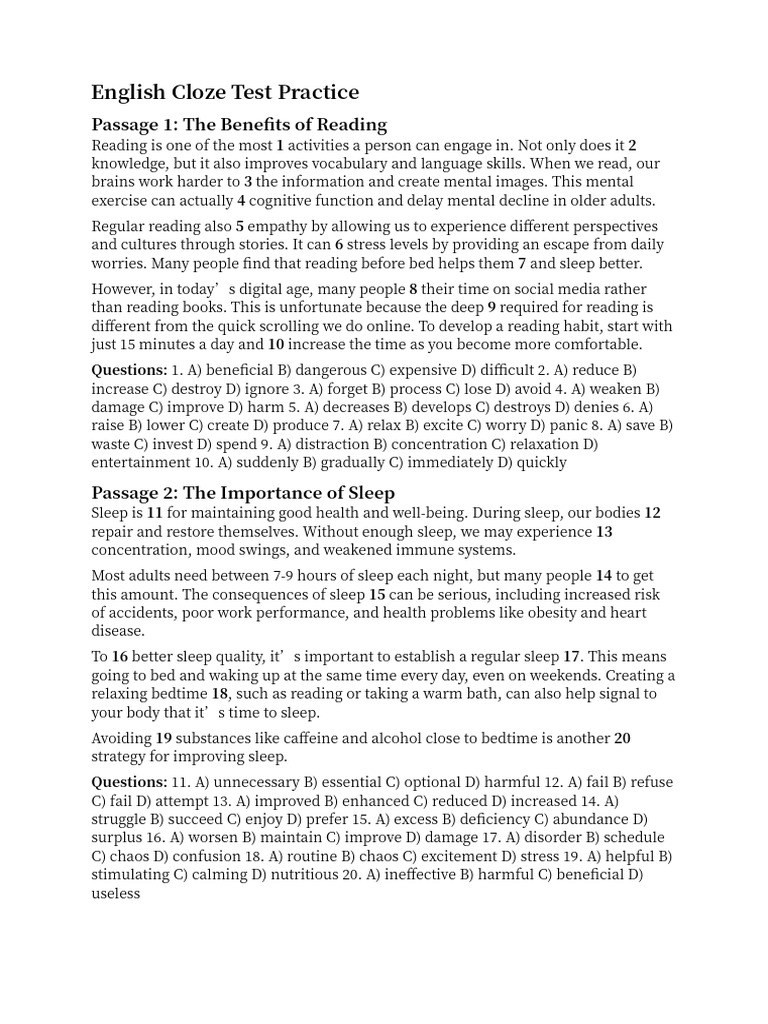 English Cloze Test Practice(1) | PDF | Sleep | Determinants Of Health