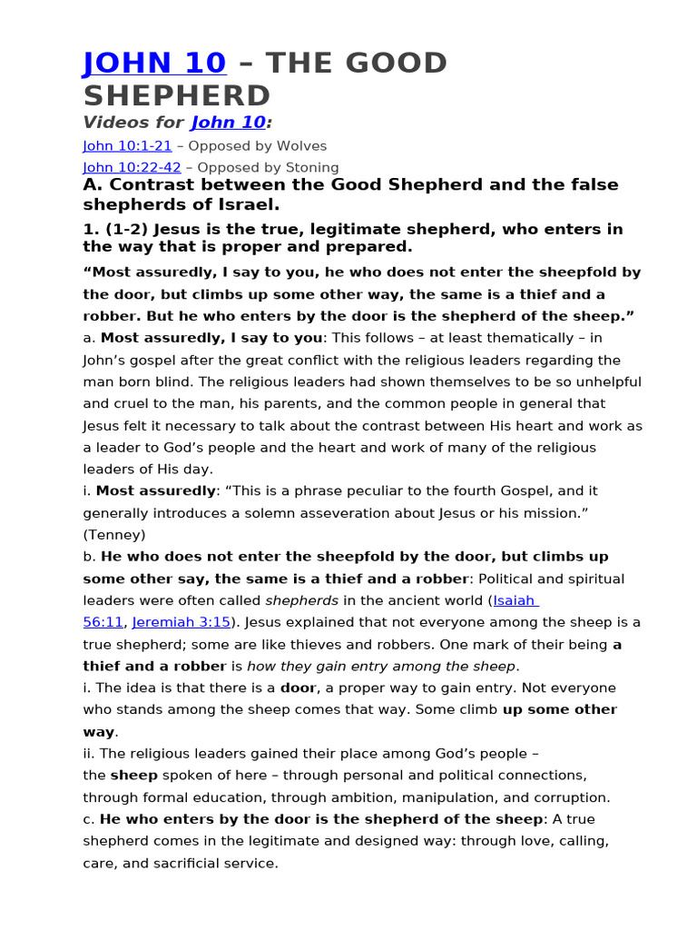 Commentary on John 10 – the Good Shepherd. Enduring Word | PDF | Jesus ...