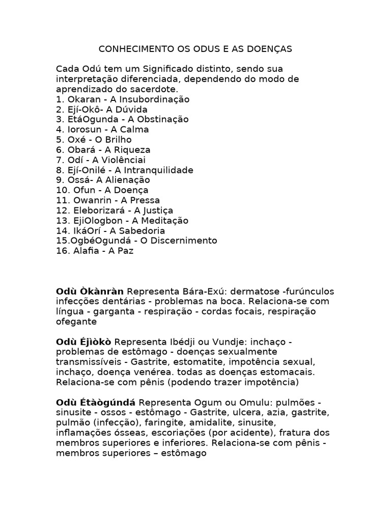 Conhecimento Os Odus e As Doenças | PDF | Especialidades médicas ...