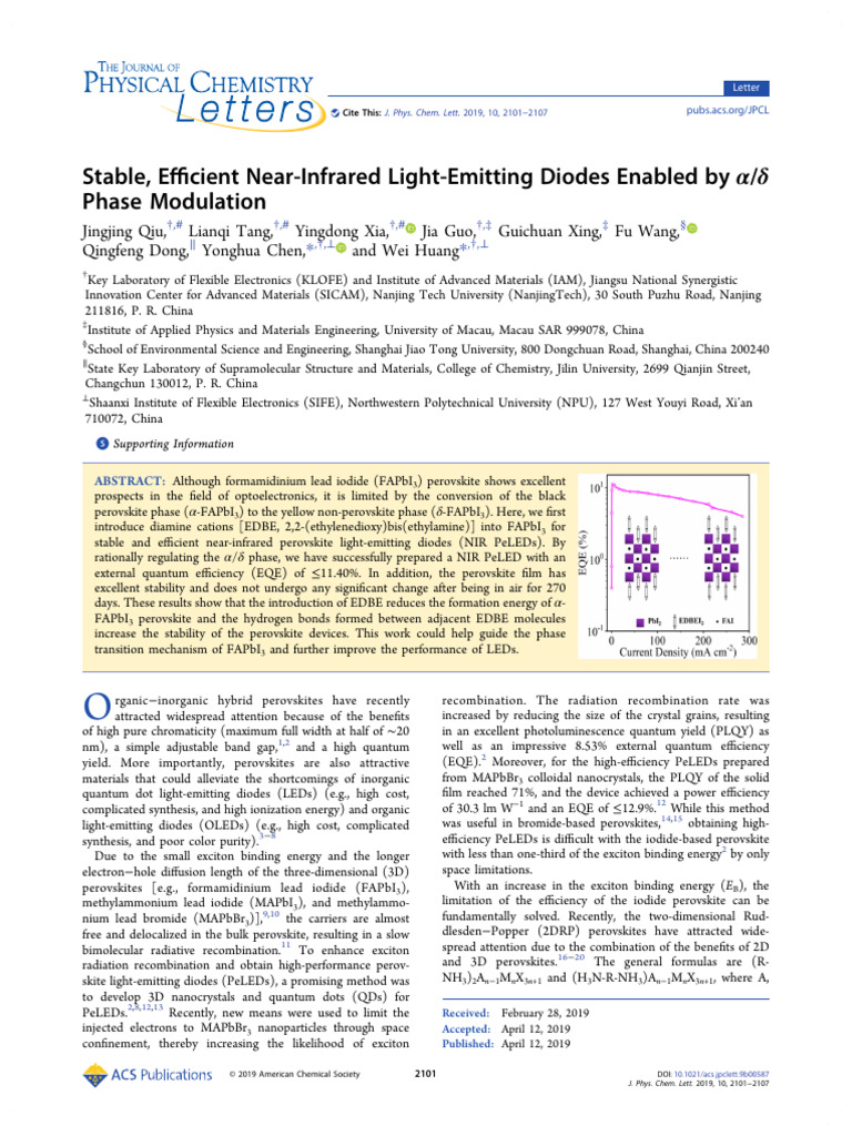 2019 JPCL Stable Efficient Near Infrared Light Emitting Diodes Enabled ...
