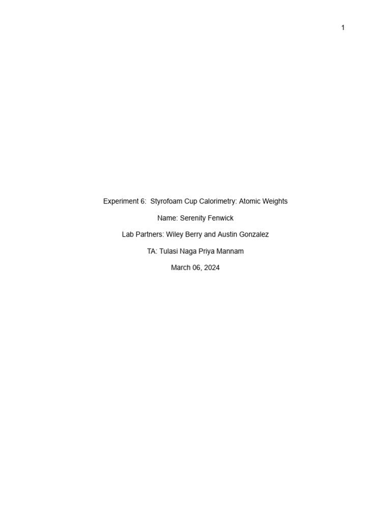 Experiment 6_ Styrofoam Cup Calorimetry_ Atomic Weights | PDF | Heat ...