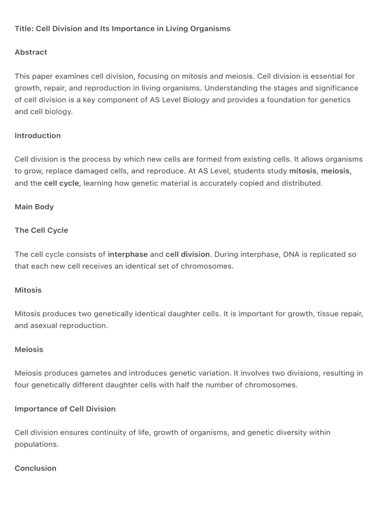 Title- Cell Division and Its Importance in Living Organisms | PDF ...