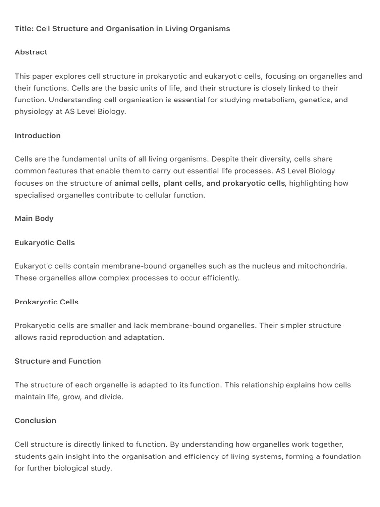 Title - Cell Structure and Organisation in Living Organisms | PDF ...