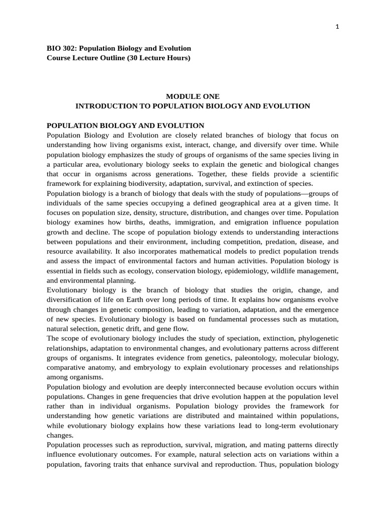 BIO 302 POPULATION Biology | PDF | Genetic Diversity | Evolution