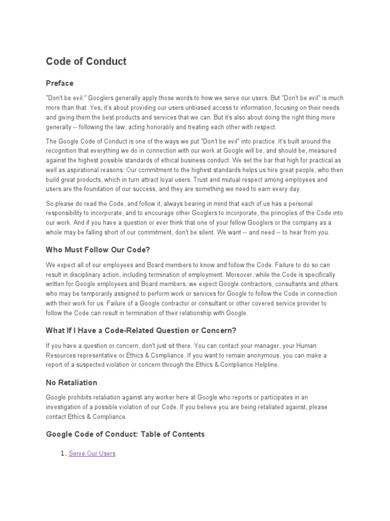 Code of Conduct Google | PDF | Information Security | Harassment