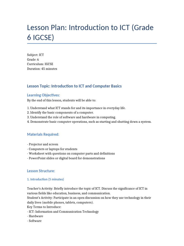 ICT IGCSE Grade 6 Lesson Plan | PDF | Educational Technology | Computer ...