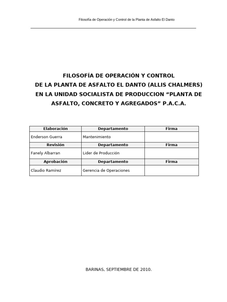 Filosofia de Operación y Control Planta de Asfalto EL DANTO | PDF ...