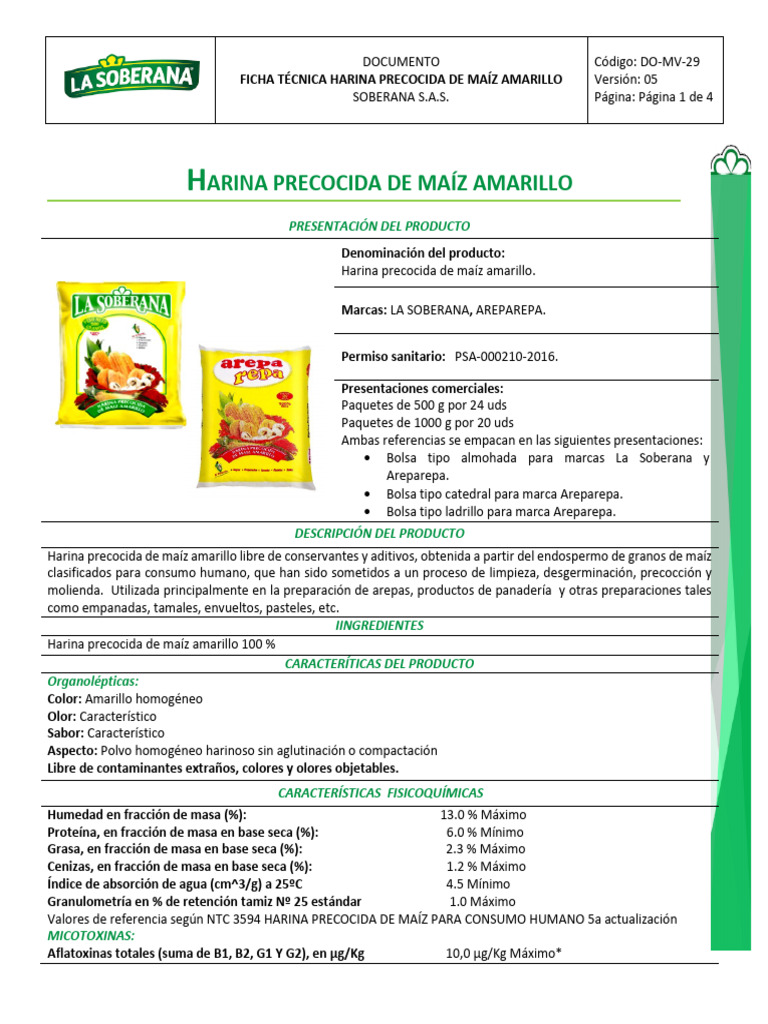 Ficha Tecnica Harina Precocida de Maiz Amarillo V - 5 | PDF | Harina | Maíz