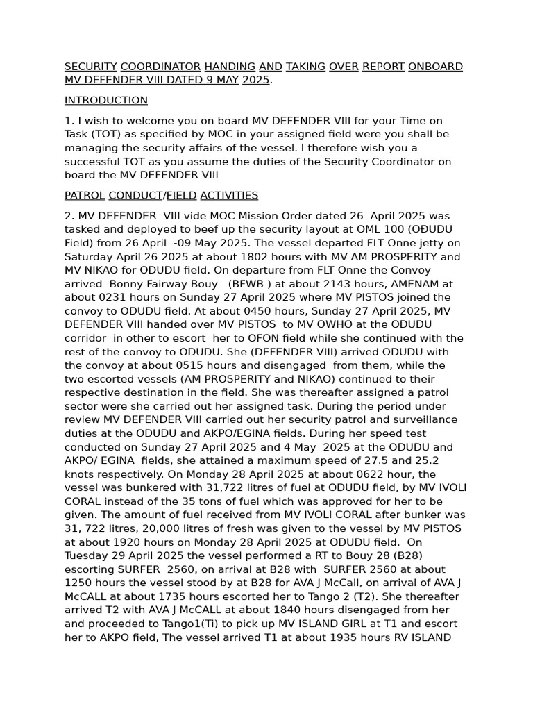 Document (4)Security Coordinator Handing and Taking Over Report Dated ...