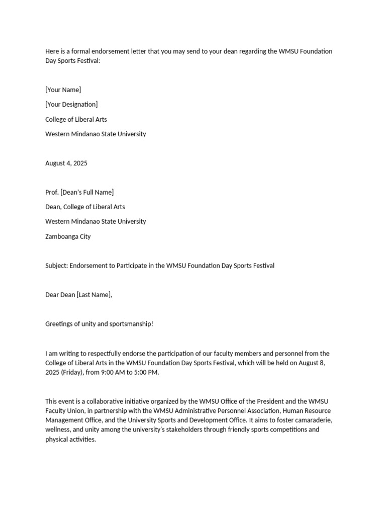 Here is a Formal Endorsement Letter That You May Send to Your Dean ...