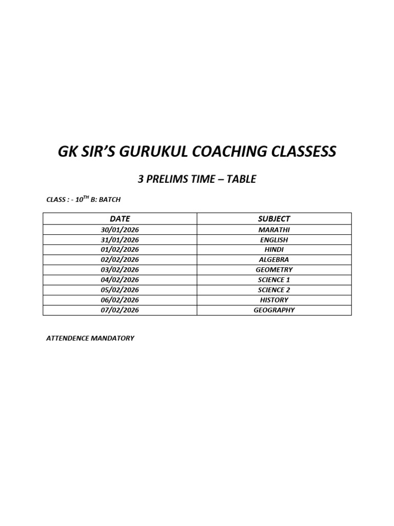 10th 3 Prelims Time Table b Batch | PDF