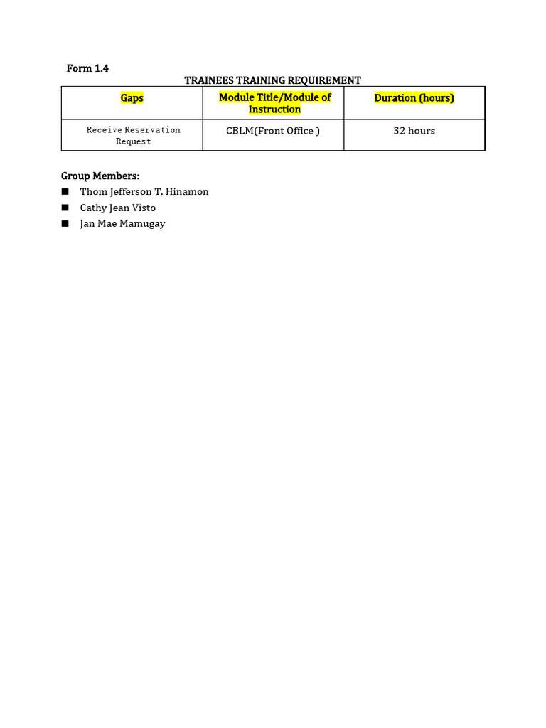 Form 1.4 Front Office | PDF