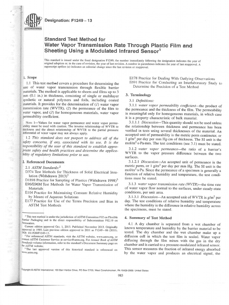 F1249-13 Standard Test Method for Water Vapor Transmission Rate Through ...