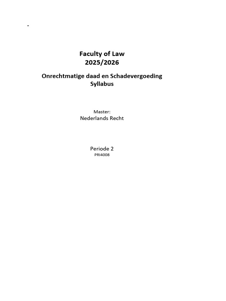 Syllabus Onrechtmatige Daad en Schadevergoeding 2025-2026-1 | PDF