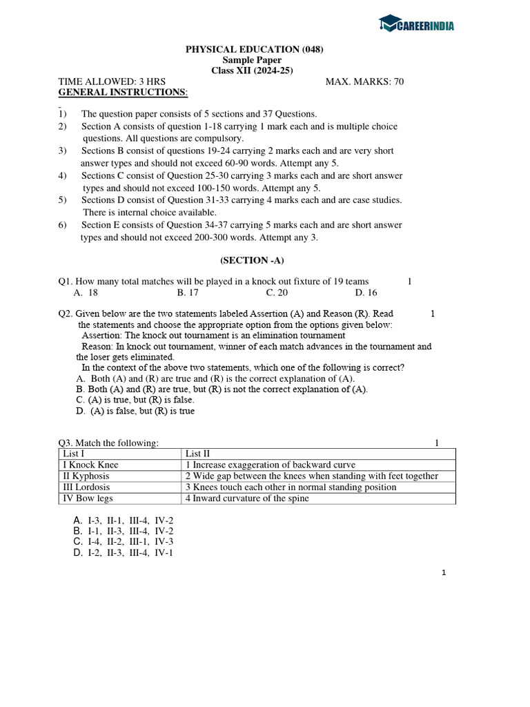CBSE Class 12 Physical Education Sample Question Paper 2024-25 | PDF