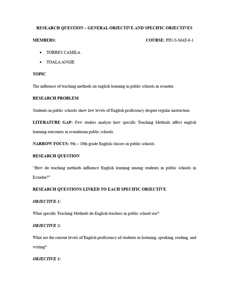 Research Question - General Objective and Specific Objectives | PDF