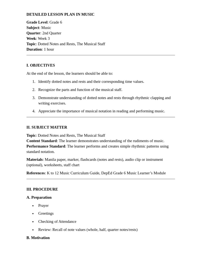 Detailed Lesson Plan in Music | PDF | Rhythm | Music Theory