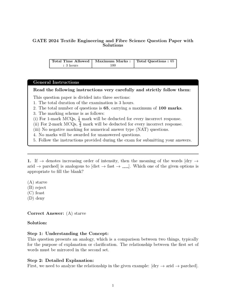 GATE 2024 Textile Engineering Fibre Science Question Paper With ...