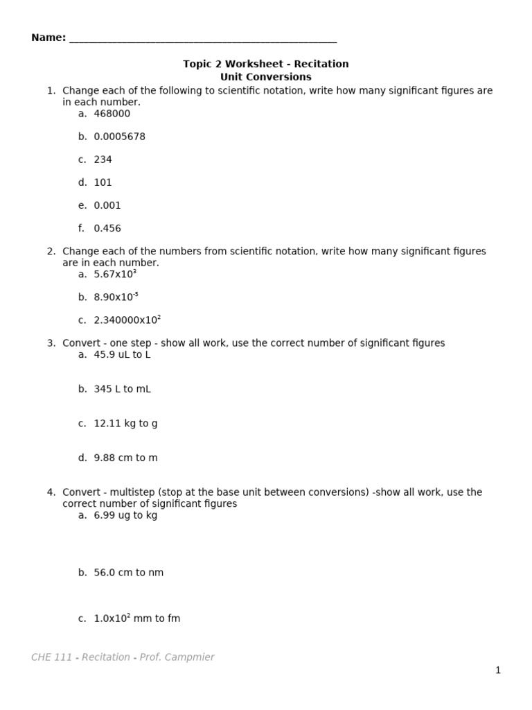 Recitation - Topic 2 Unit Conversions - Worksheet | PDF
