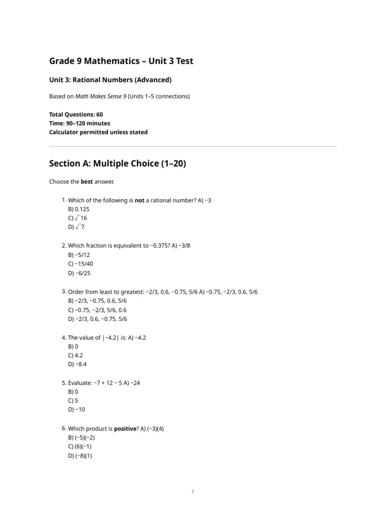 Unit 3 Test - Rational Numbers (Grade 9 Advanced) | PDF | Rational ...