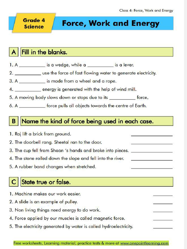 Force,Work and Energy Worksheets Tr.eaint | PDF