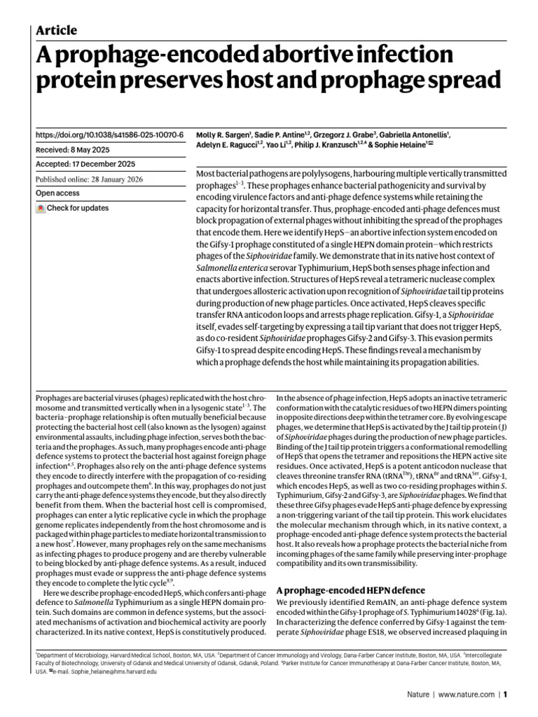A Prophage-Encoded Abortive Infection Protein Preserves Host and ...