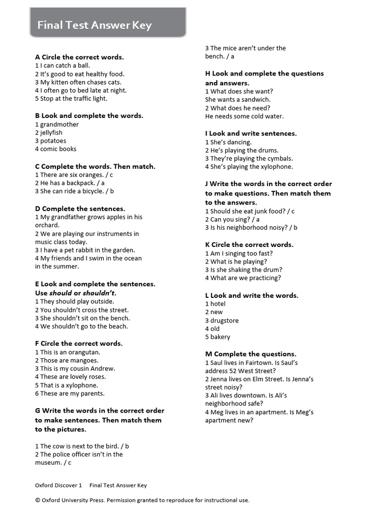 OD1 Reading & Writing Test - Answer Key | PDF
