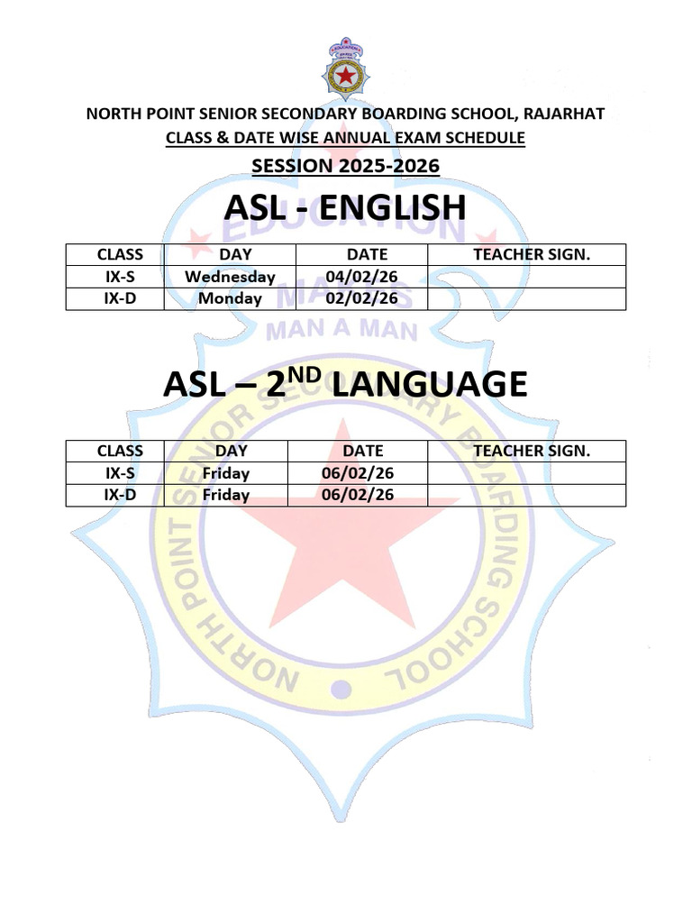 2025 - Annual - Asl Eng & 2nd Lang Exam Schedule - Class Ix | PDF