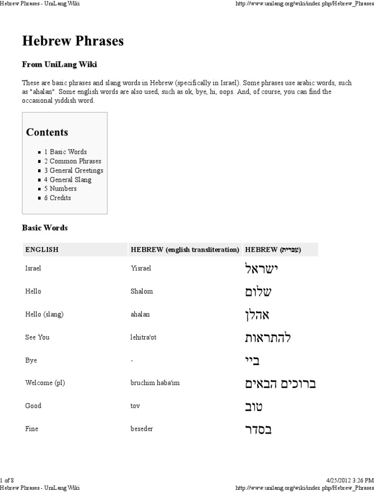 Hebrew Phrases - UniLang Wiki | PDF | Languages Of Israel | Hebrew ...