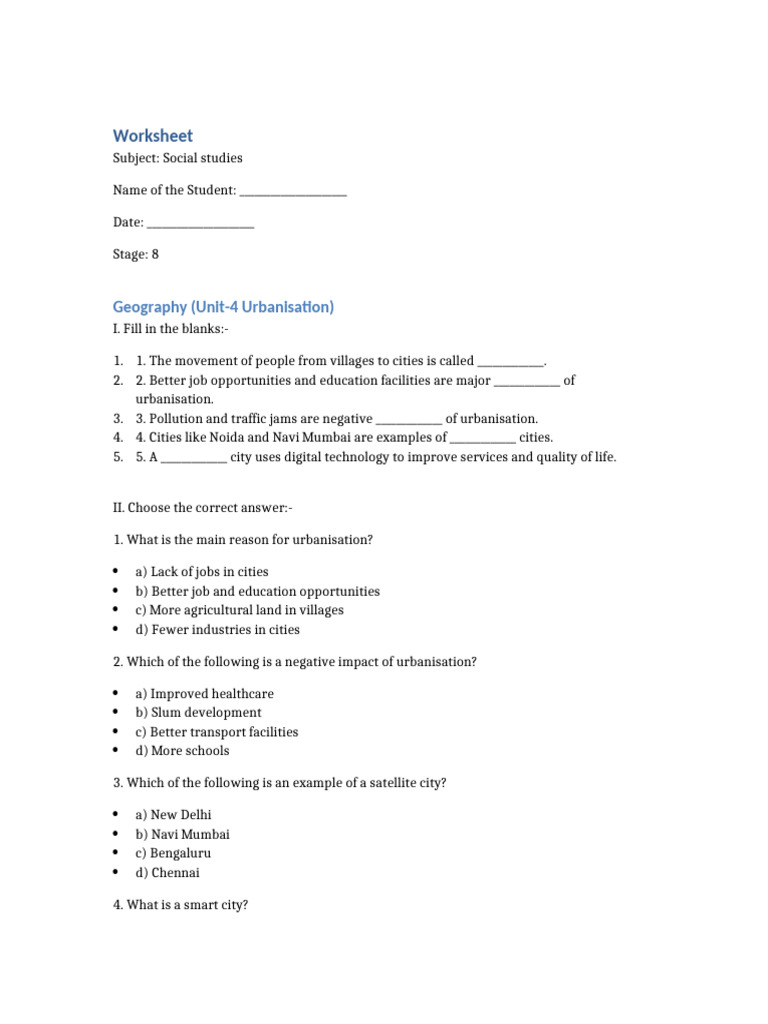 Geography Urbanisation Worksheet | PDF