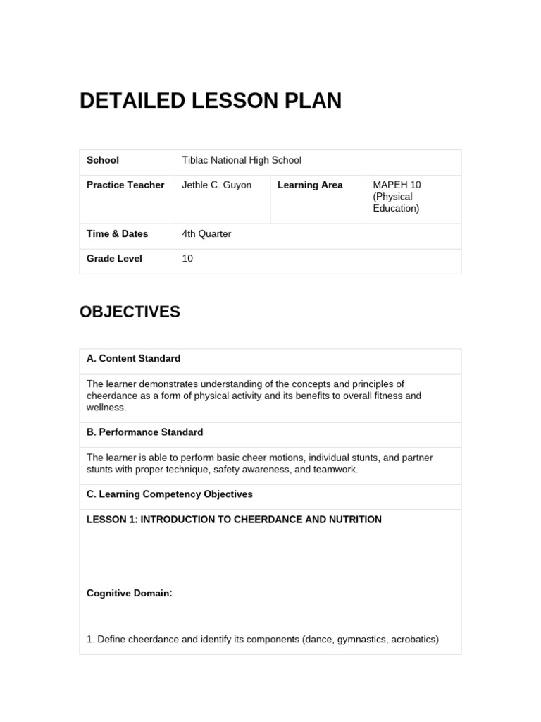DLP - Module 1 - Cheerdance (Lessons 1, 2, & 3 - 7a's Format) | PDF ...