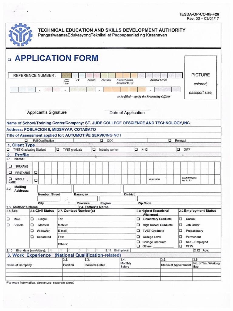 Tesda Application Form | PDF
