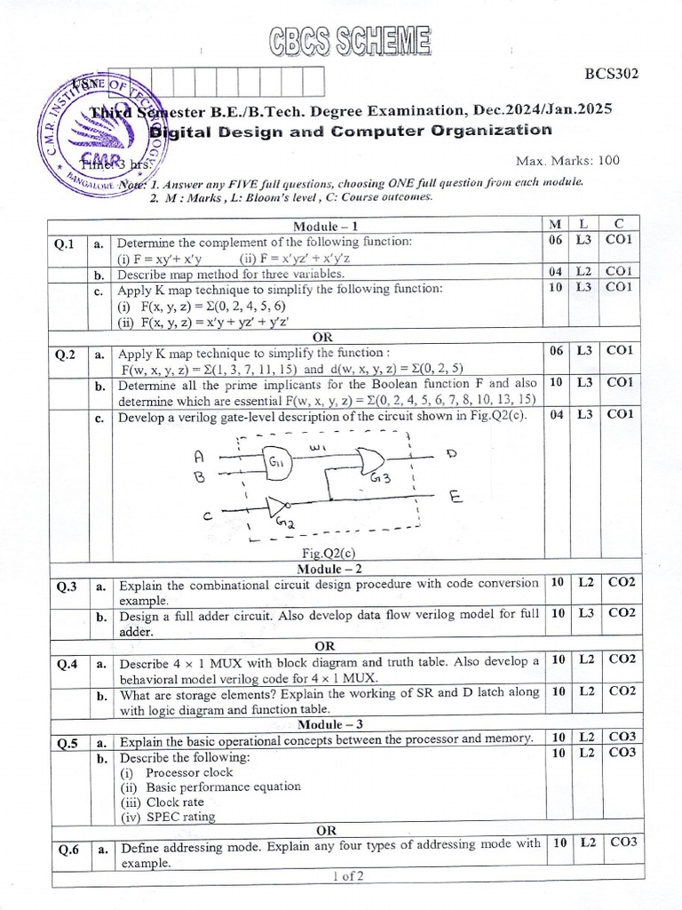 VTU Question Paper of BCS302 Digital Design & Computer Organization Dec ...