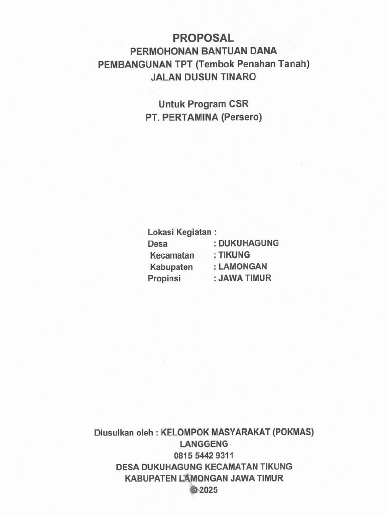 Proposal Permohonan Bantuan Dana Pembangunan TPT Jalan Dusun Tinaro CSR ...