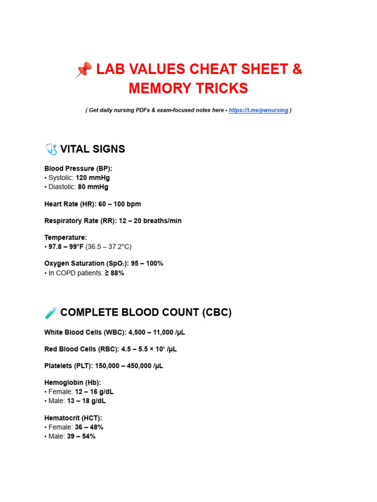? Lab Values Cheat Sheet | PDF | Blood Pressure | Tissue (Biology)