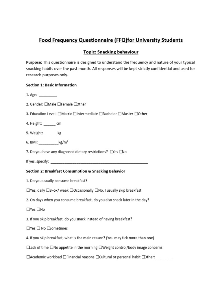 FFQ Sample | PDF | Eating Disorder | Eating