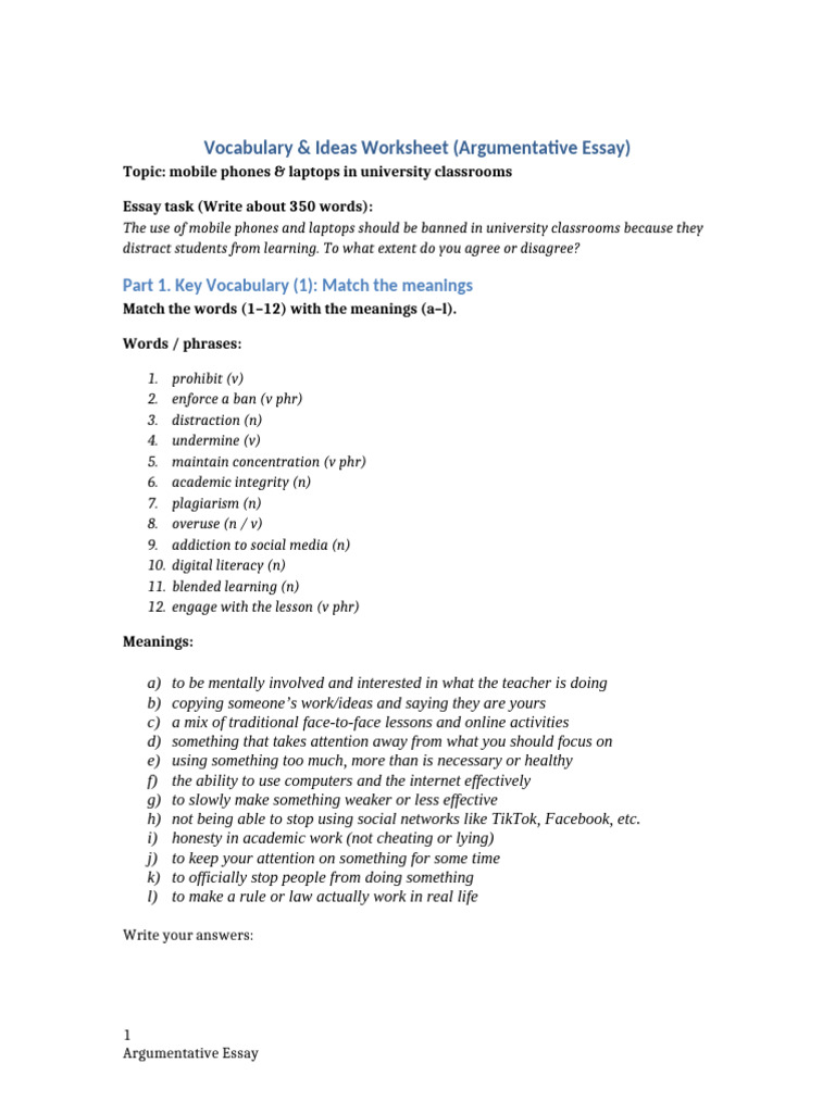 Vocabulary Worksheet (Argumentative Essay) | PDF | Argument | Reason